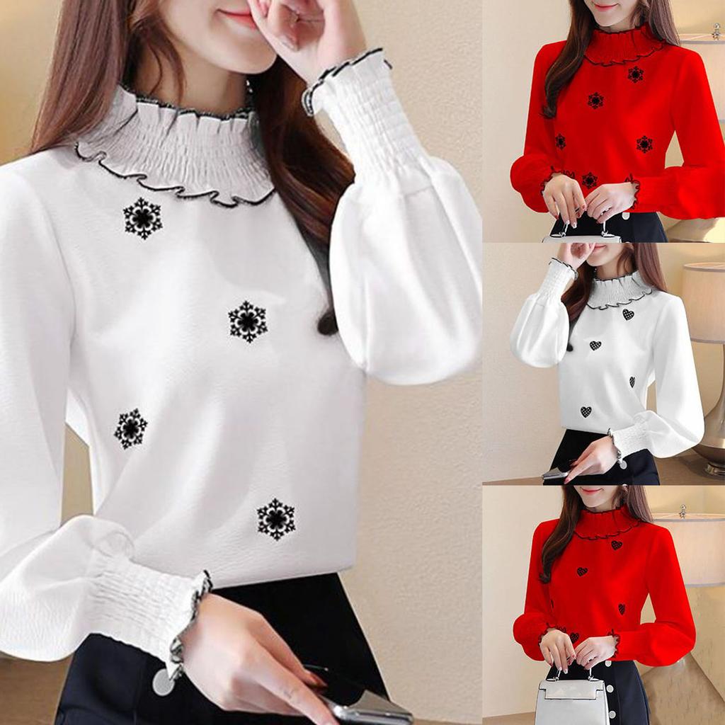 Buy Women Long Neck Blouse Heart Turtle Pattern Autumn Top Pullover at ...