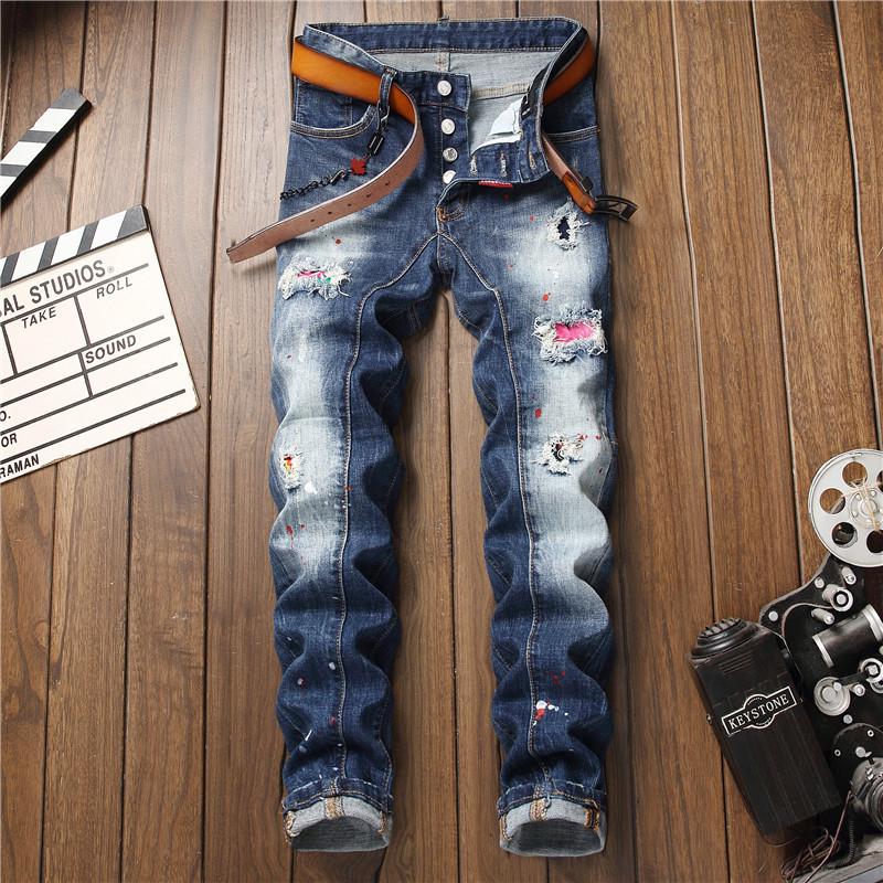 Buy Autumn Jeans Men's Personality Fashion Stretch Pants Hole Patch ...
