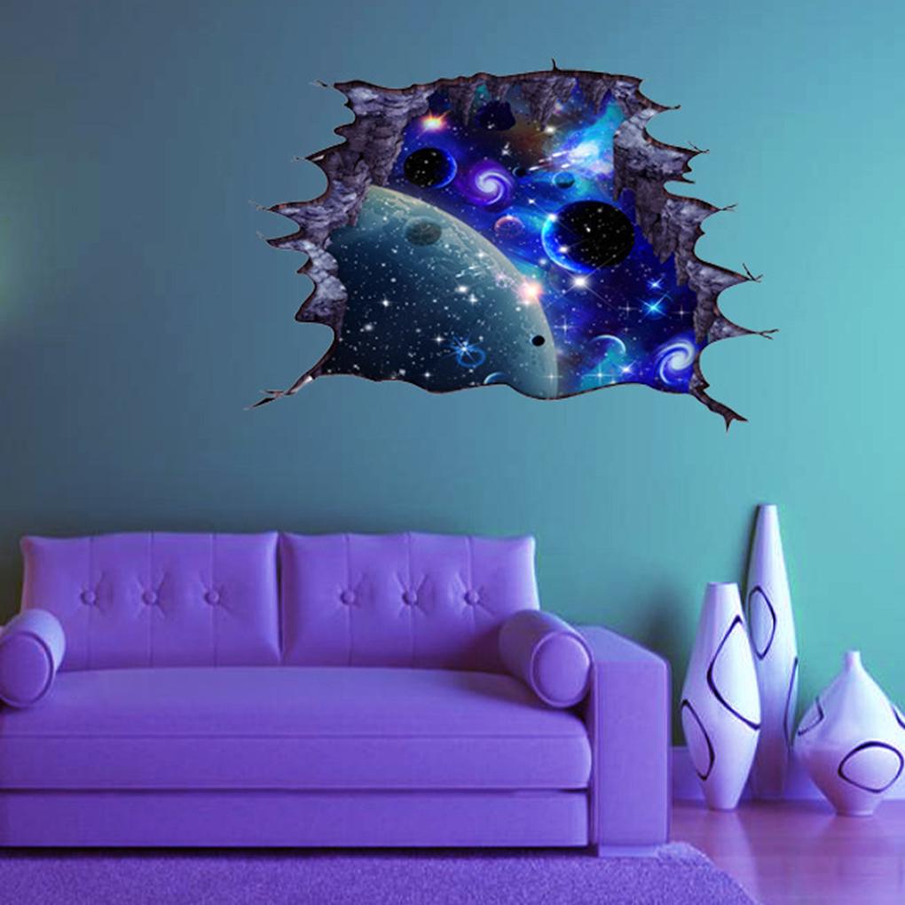 Cheap 3D Broken Wall Stickers Glitter Sky Planet Poster Kids Bedroom ...
