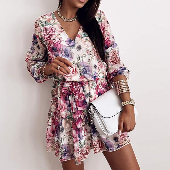 Buy Women Floral Print Dresses Chiffon High Waist A-line Female Dress ...