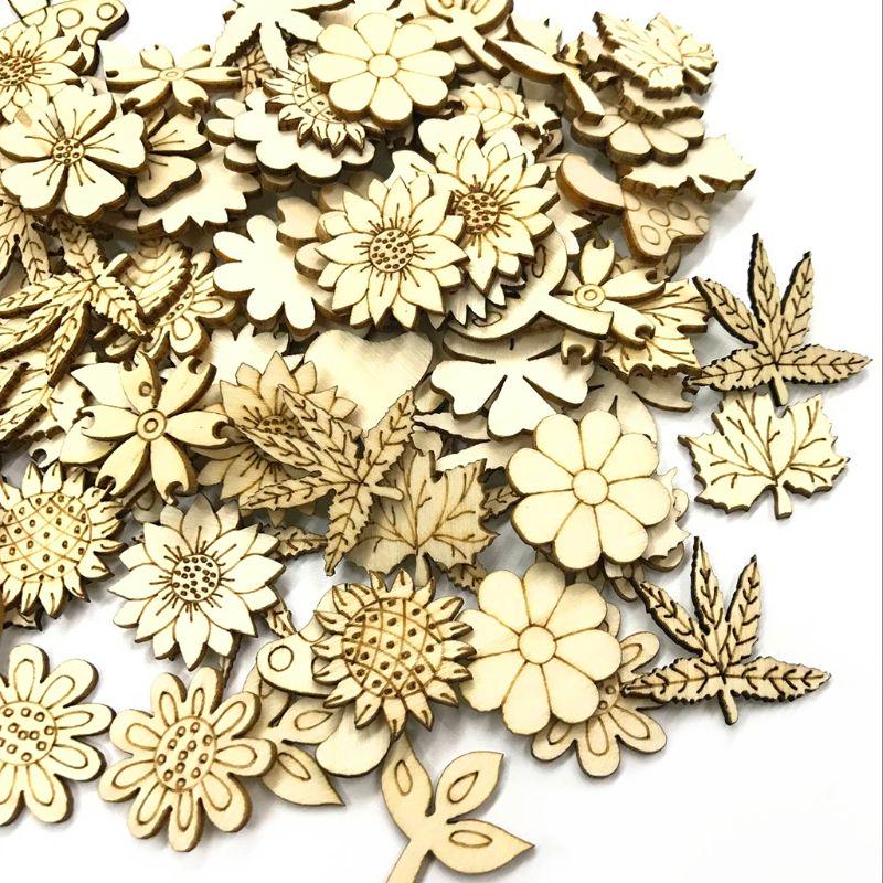 50pcs New Laser Cut Wood Flowers Leaves Embellishment Wooden Shape ...