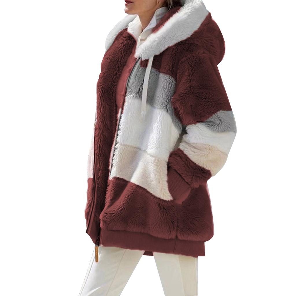 Buy Fashion Women Winter Plush Coat Splicing Hooded Long Sleeve Zipper ...