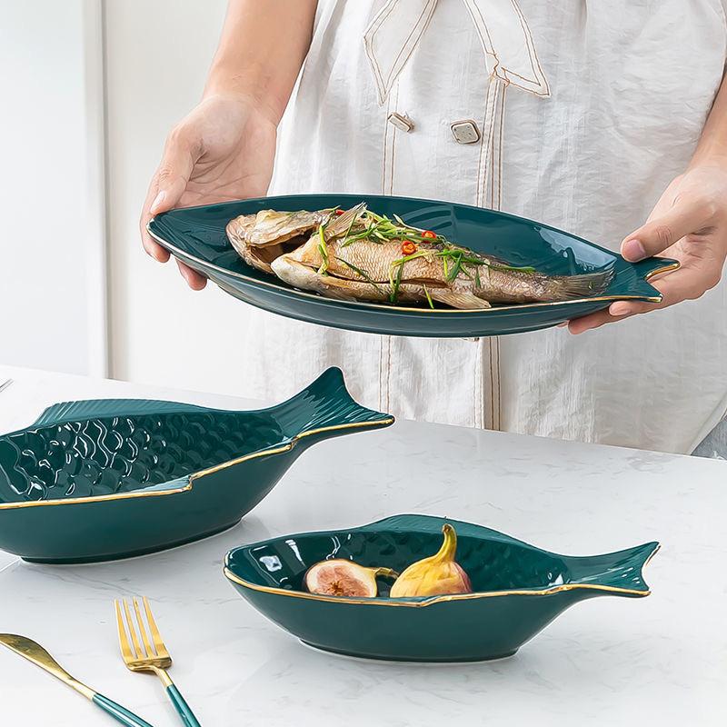 Dark Green Tableware Ceramic Fish Shape Plate Kitchen Tableware ...