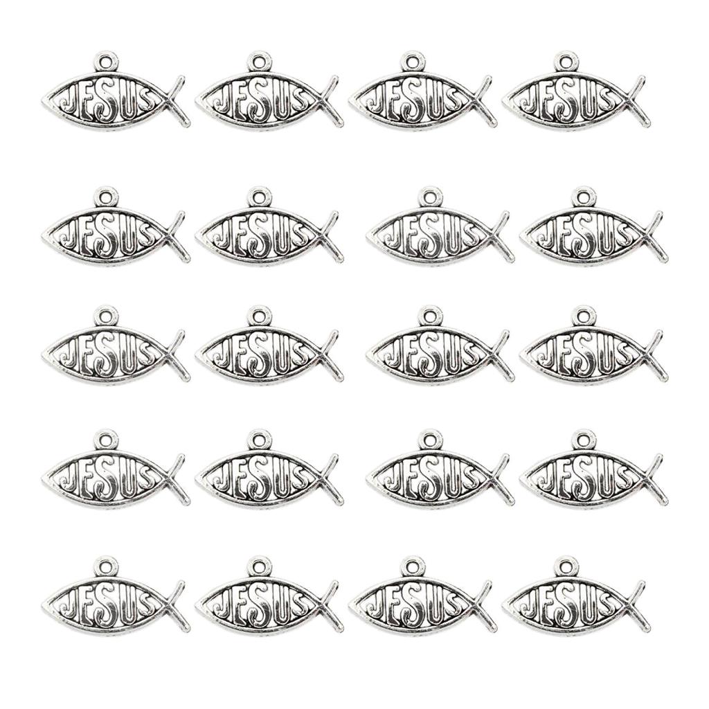 20 Pieces Silver JESUS Fish Charms Pendant Finding Bead Making Crafts ...