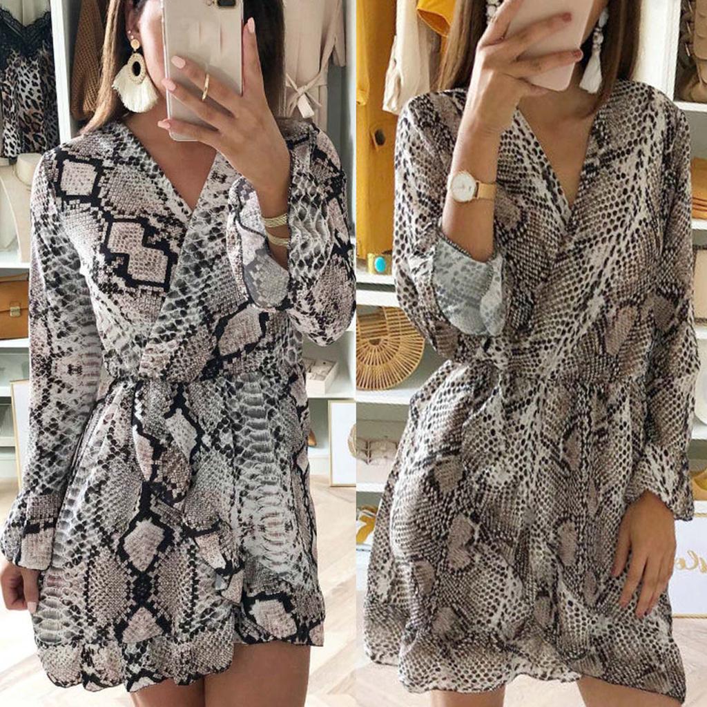 Buy Snake Pattern Dress Woman Sexy V Neck Long Sleeve Mini Skirt Autumn ...