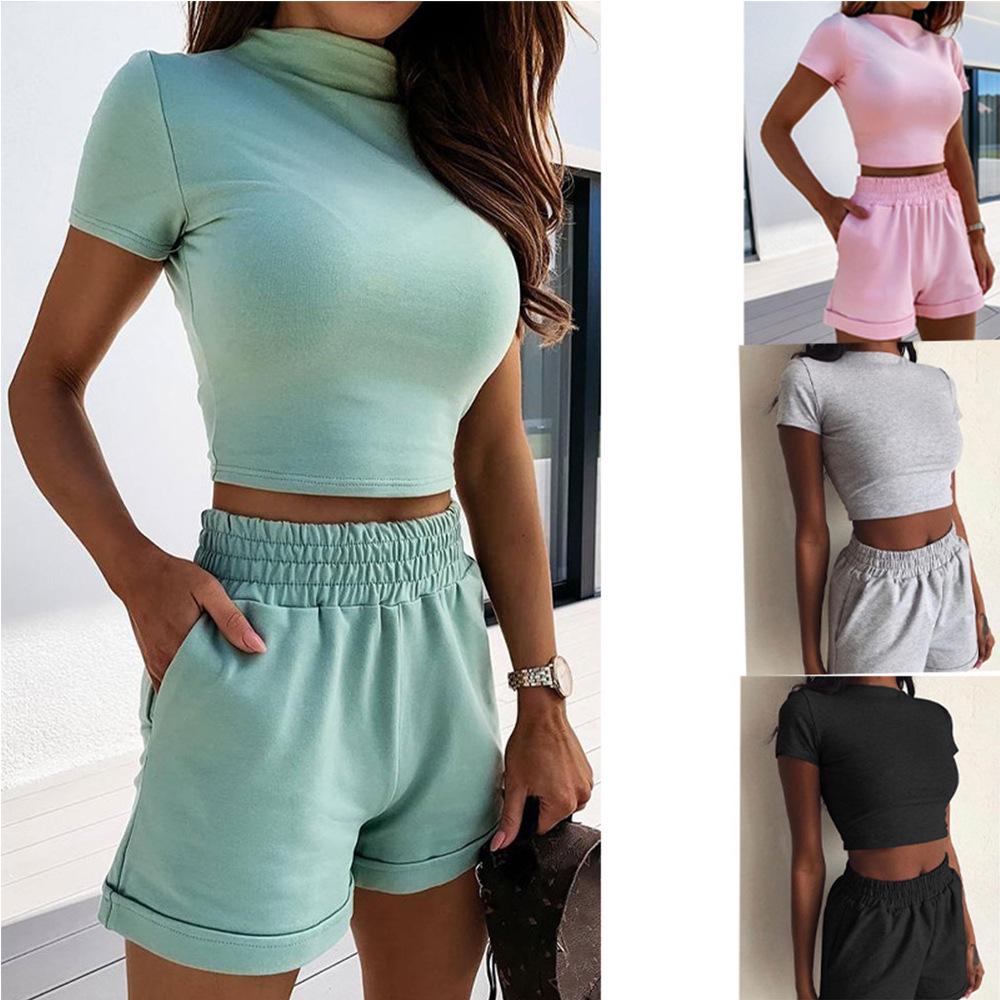 Women 2Pcs Set Summer Sports Suits Casual Crop Top + Shorts Set Women ...