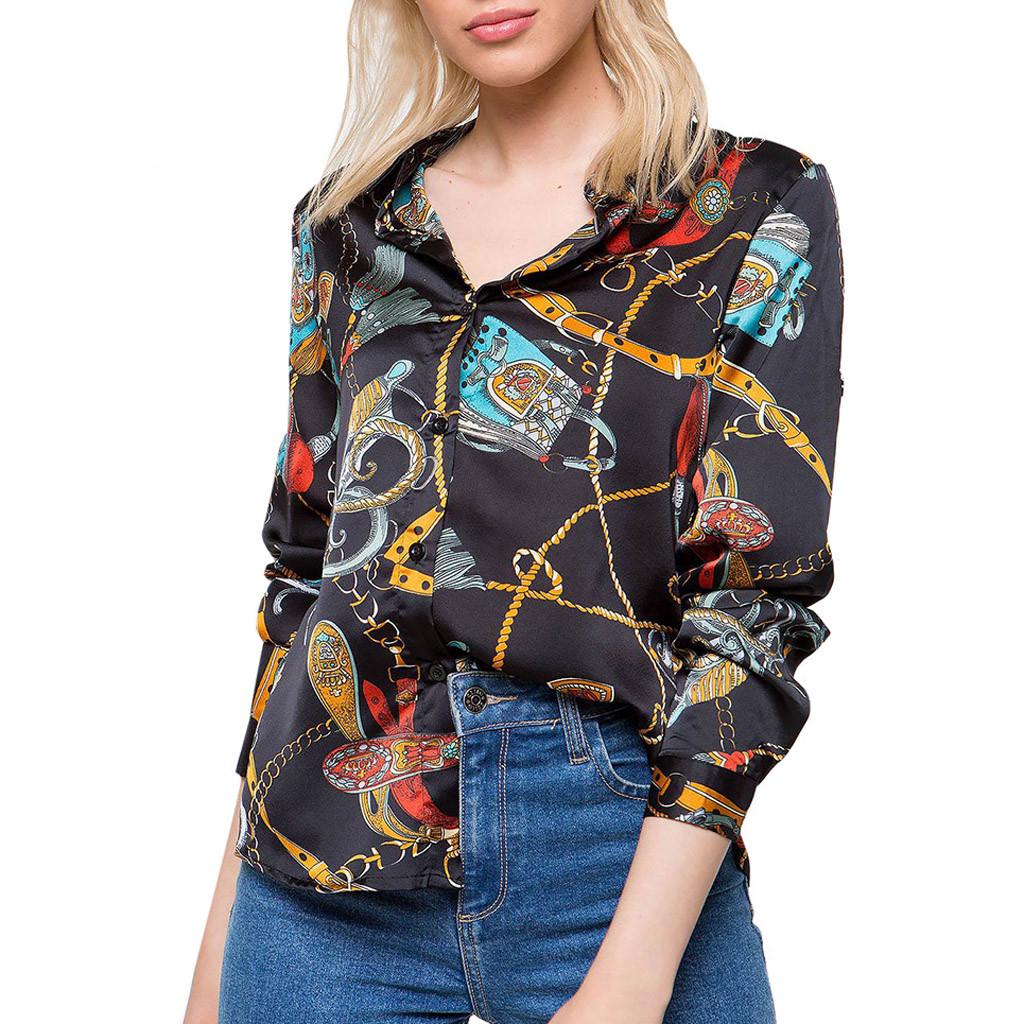Buy Womens Long Sleeve Chains Print Ladies Casual Shirt Tops V Neck ...