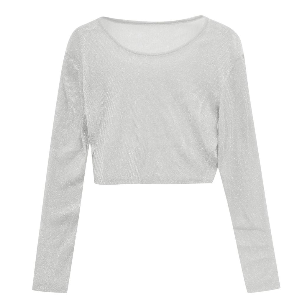 Buy Women's Shiny Transparent Mesh Top Plus Size Long-Sleeved Tops at ...