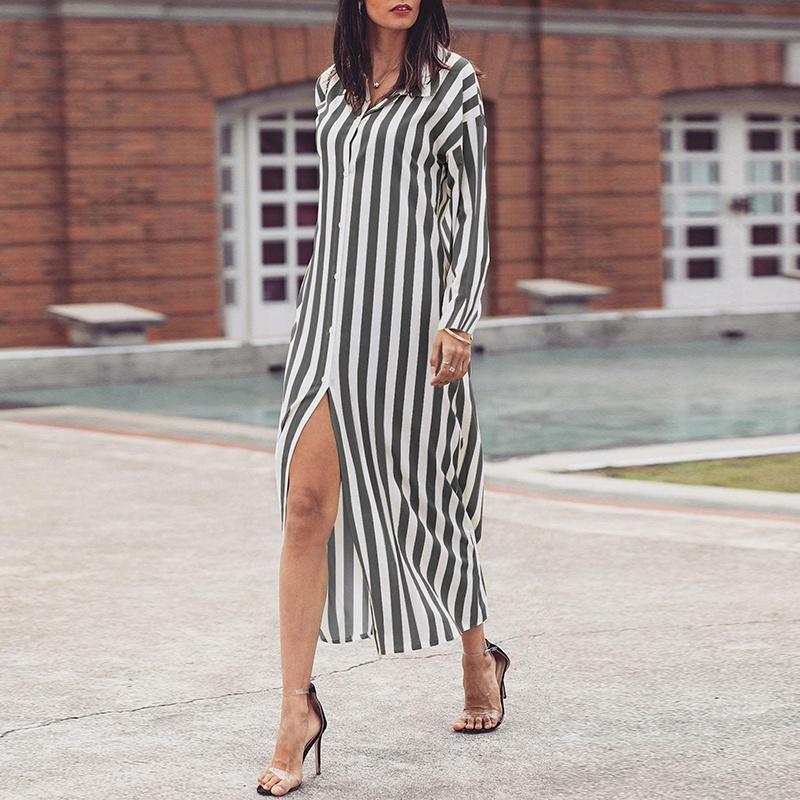 Buy New Sexy High Slit Women Long Sleeve Button Down Striped Shirt ...