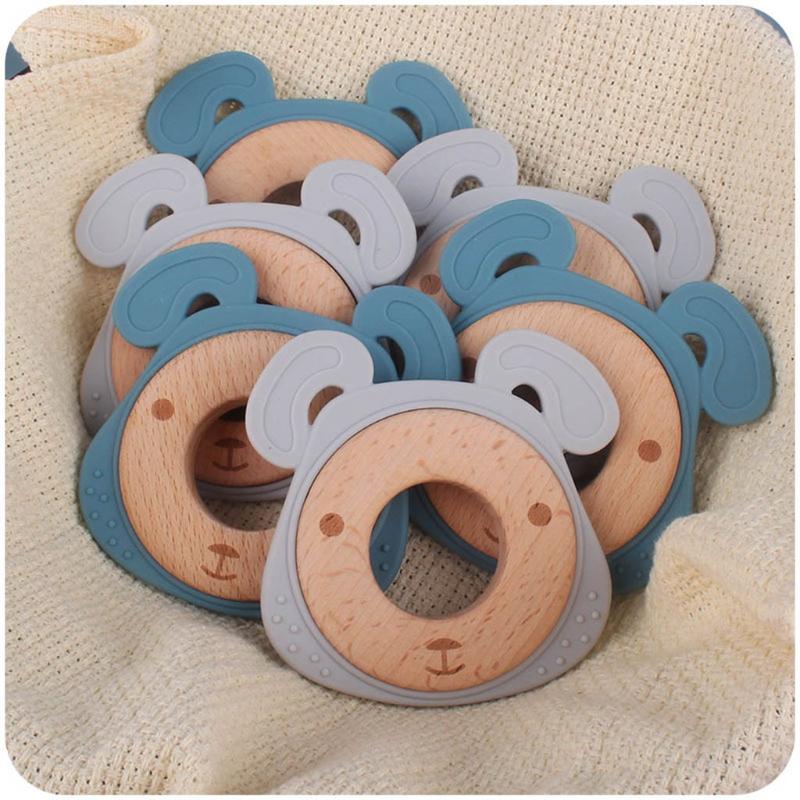 Baby Silicone Teether Beads Cartoon Animal Bear Wooden Ring Rattle ...