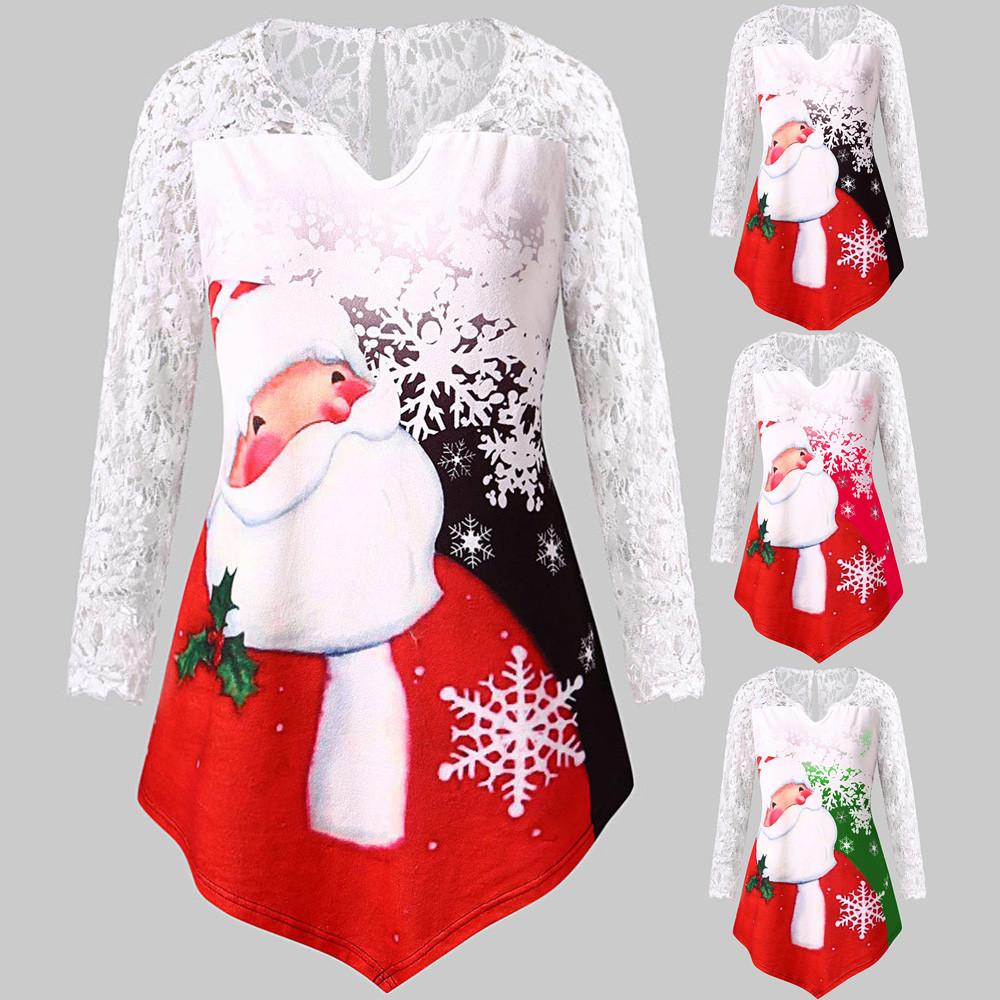 Buy AIKA Women Christmas Santa Claus Print Lace Tunic Tee Shirt Long ...