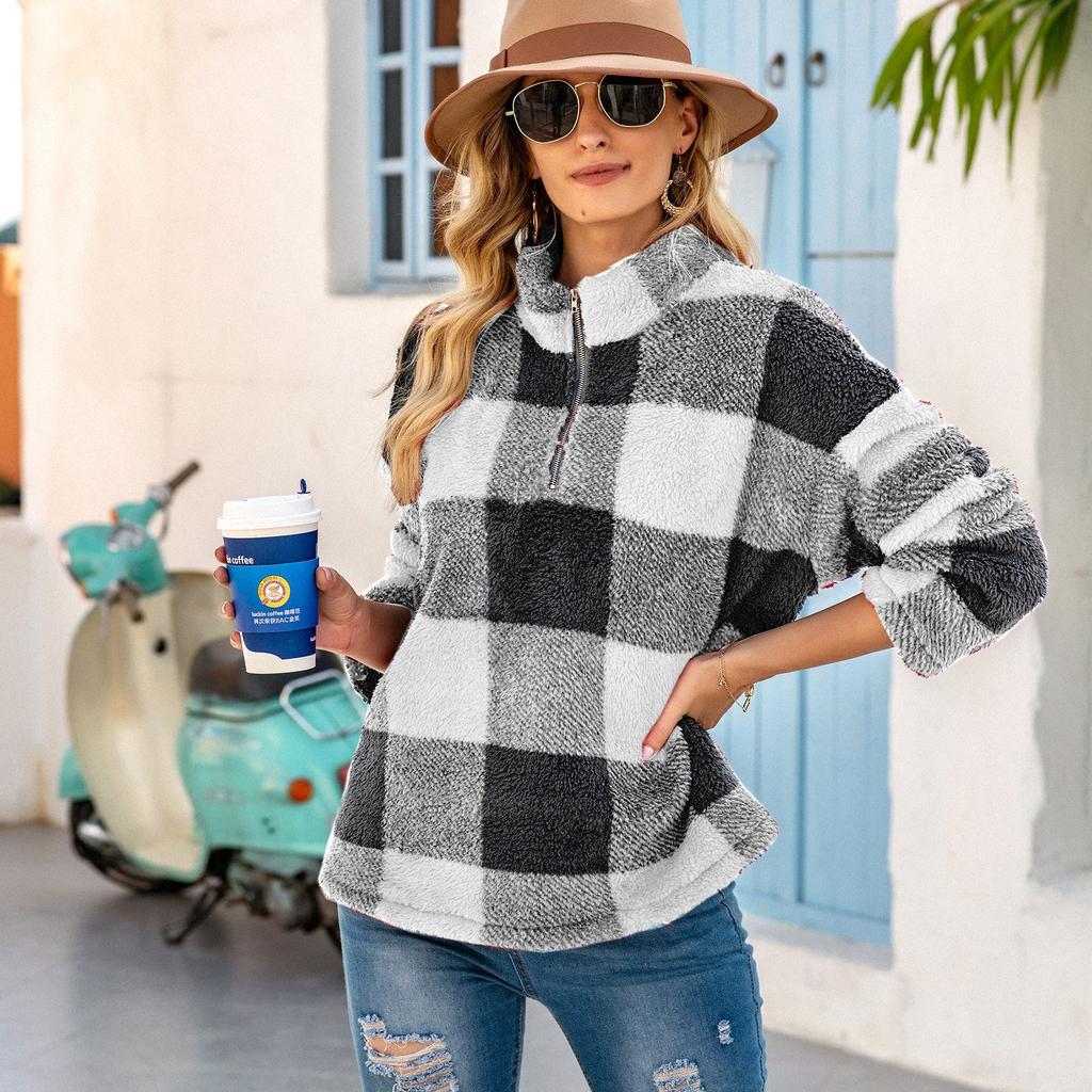 Buy Women Sweater Checker Sweaters Jumpers Loose High Neck Zipper Neck ...