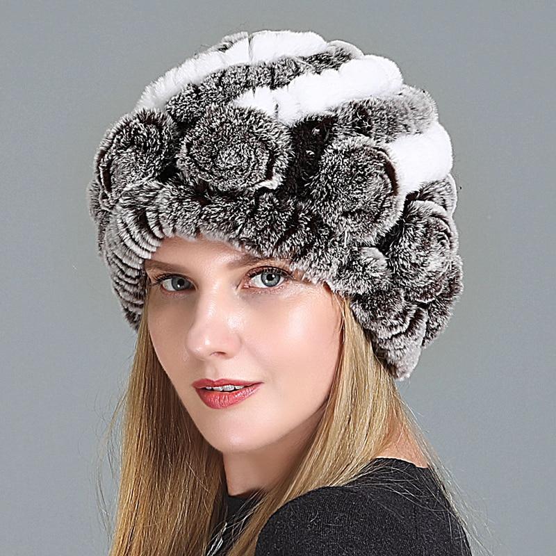 Buy Winter Women 100% Natural Real Fur Hats Lady Warm Soft Knit Flower ...