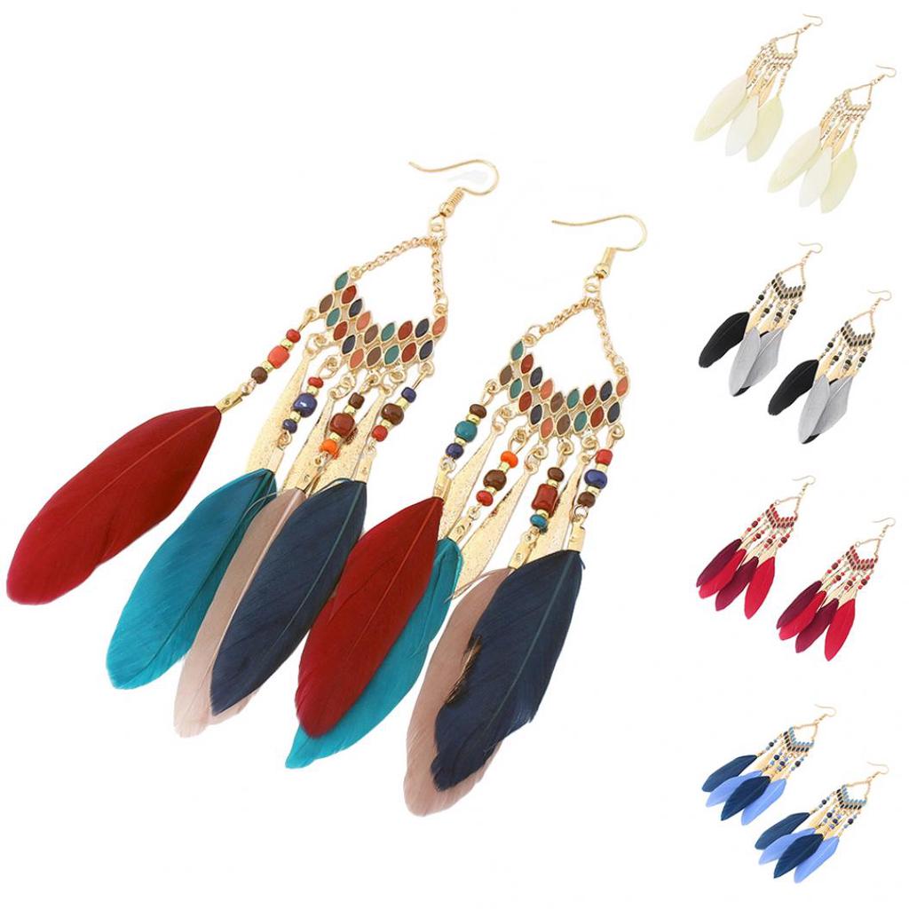 Women Feather Dangle Bohemian Ethnic Tassels Beads Drop Hook Earrings ...