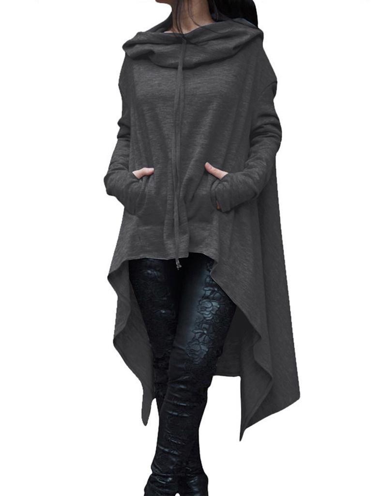 Buy Women's Fashion Irregular Solid Draw Long Sleeve Loose Hooded Long ...