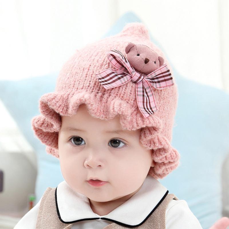Buy Baby Knitted Cap Cute Cartoon Bear Woolen Yarn Ball Ruffled Brim ...