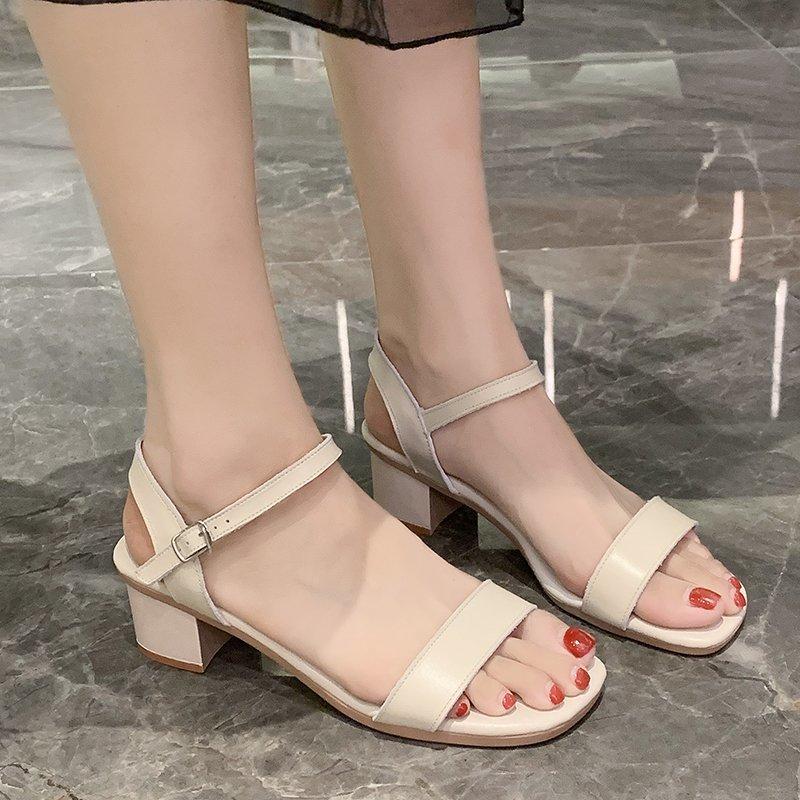 Cheap 4.5CM Solid Leather Sandals Women Elegant Shoes OL Work Med-High ...