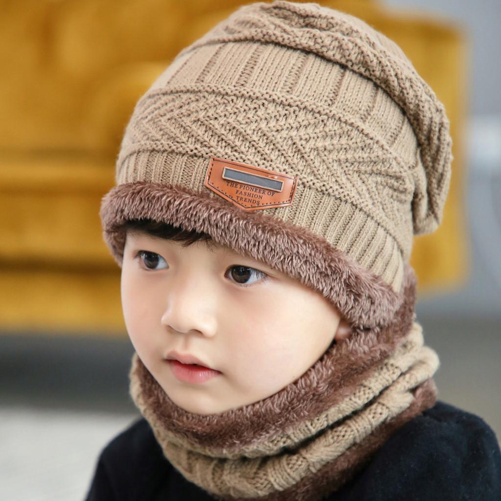 Buy For Kid Hat+Scarf Two Piece Set Fleece Contrast Colors Knitted Warm ...