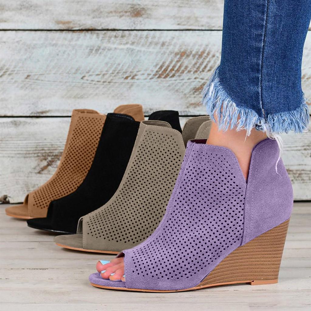Buy Women's Fish Mouth Casual Boots Square Pinhole Wedges Heel Ankle ...