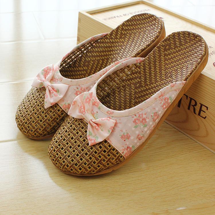 Buy Bamboo Rattan Home Slippers Linen Cane Grass Weave Women Flat ...