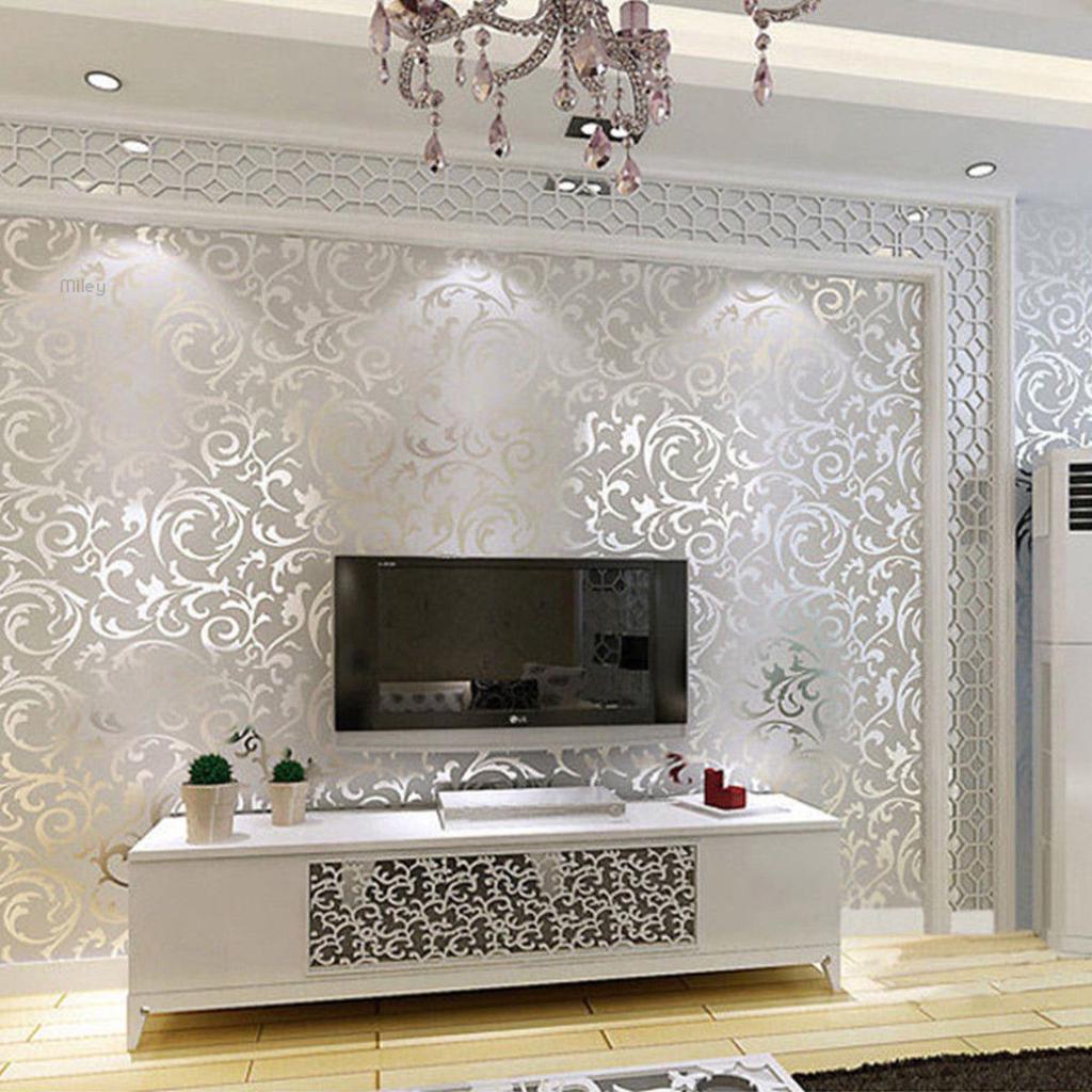 Buy Mayitr 10M Silver 3D Floral Textured Non-woven Wall Paper Rolls TV ...