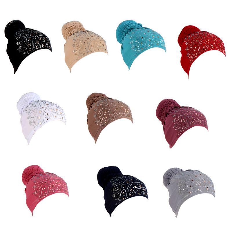 Women Hijab Turban Braided Hair Durag Snood Bun Hat Drill Rhinestone ...
