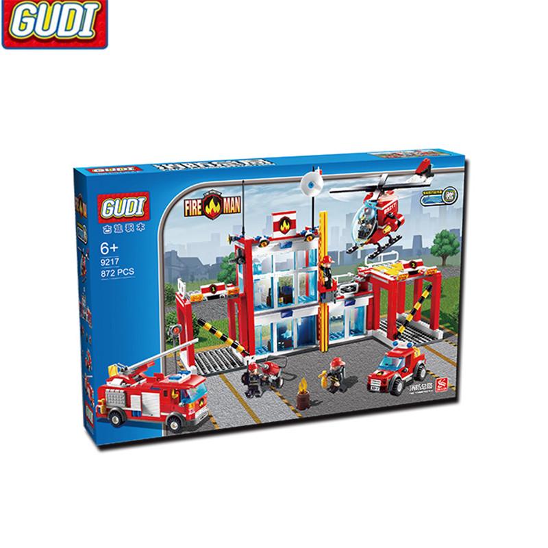 GUDI City Fire Station 874pcs Bricks Helicopter Fire Truck Sets Models ...
