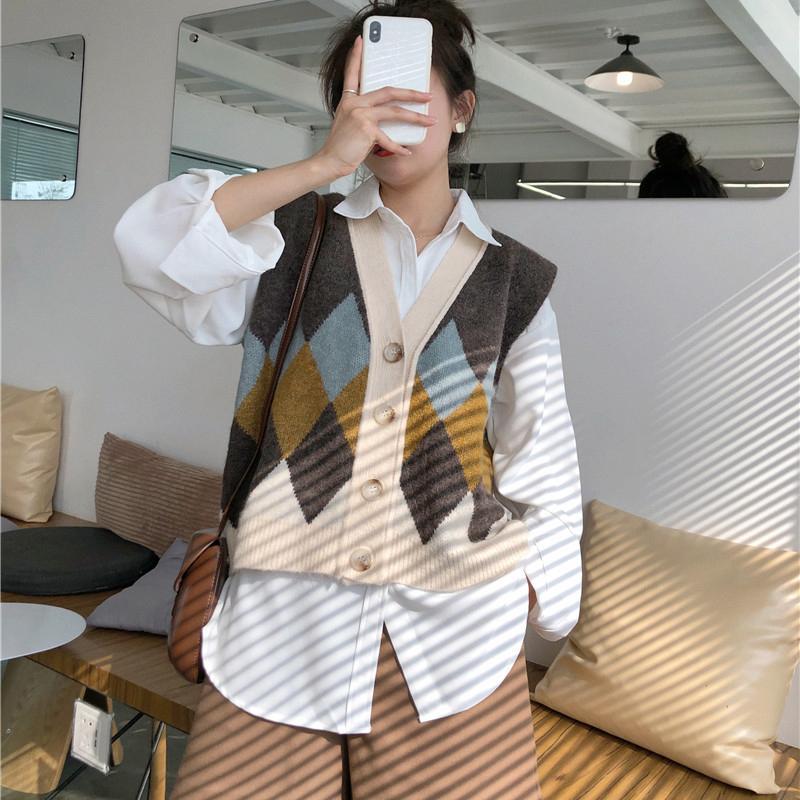 Buy Women Knitted Vest V-neck Retro Rhombus Pattern Loose Sleeveless ...