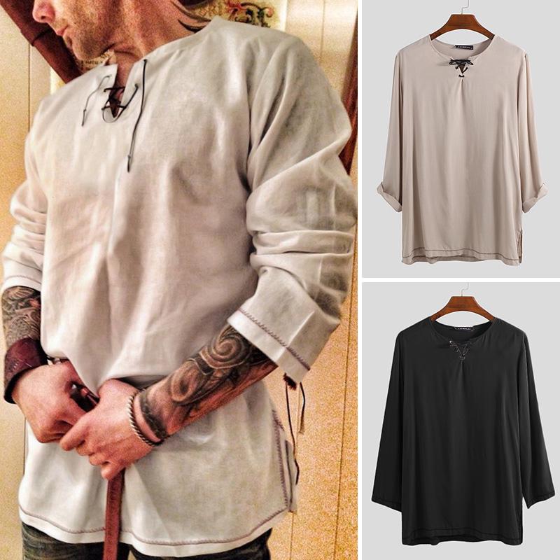 Buy Men Retro Solid Color Tops Shirt Long Sleeve Round Neck Casual ...