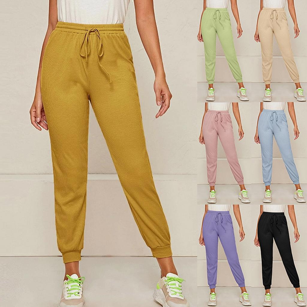 Buy Hottest Women Solid Color High Waist Drawstring Ribbed Slacks at ...