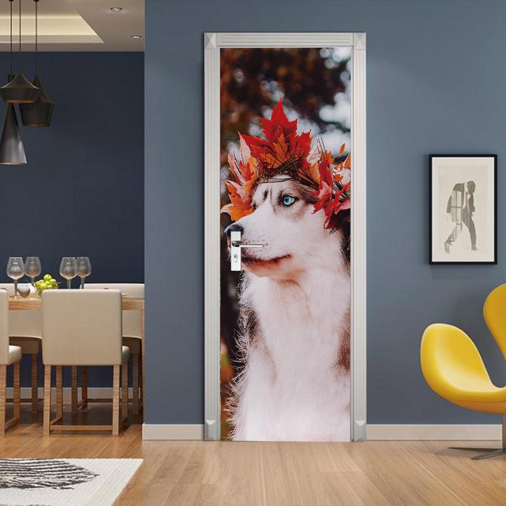 Buy Maple Leaf Wolf Door Sticker Self Adhesive Wallpaper 3D DIY ...