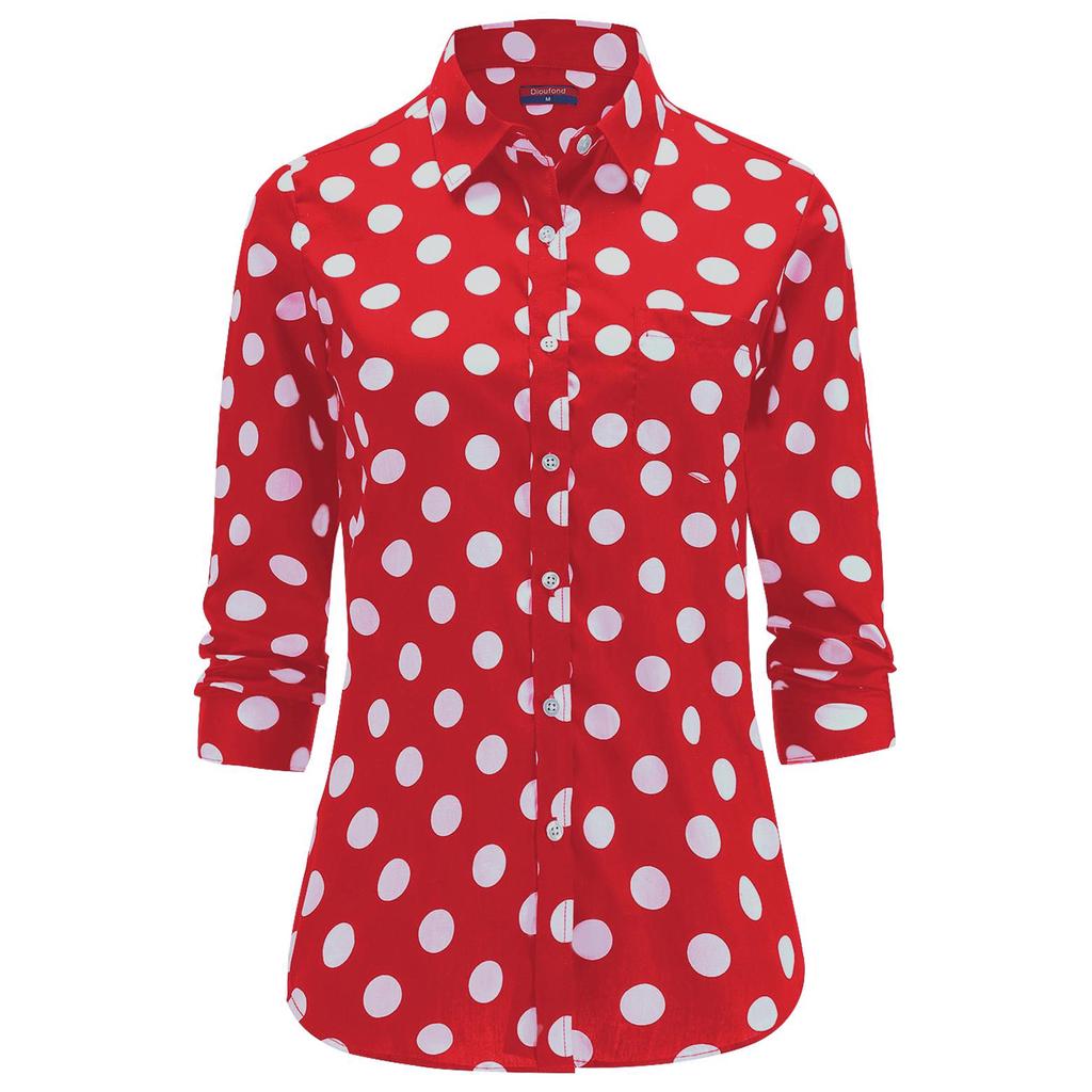 Dioufond Polka Dot Shirts for Women Turn Down Collar Long Sleeve Dot Tops uygun fiyatlı satın ...