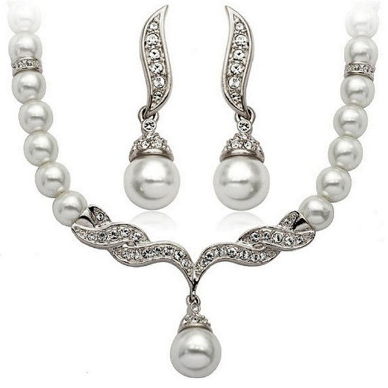 Buy Creative Silver Color Necklace 1Pair Earrings Wedding Bridal Pearl ...