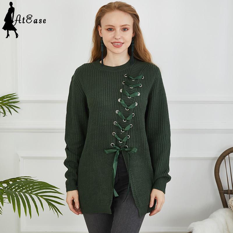 Women Spring Autumn Sweater Round Neck Knitting Sweater Lace Up Side Slit Pullovers Loose Casual ...