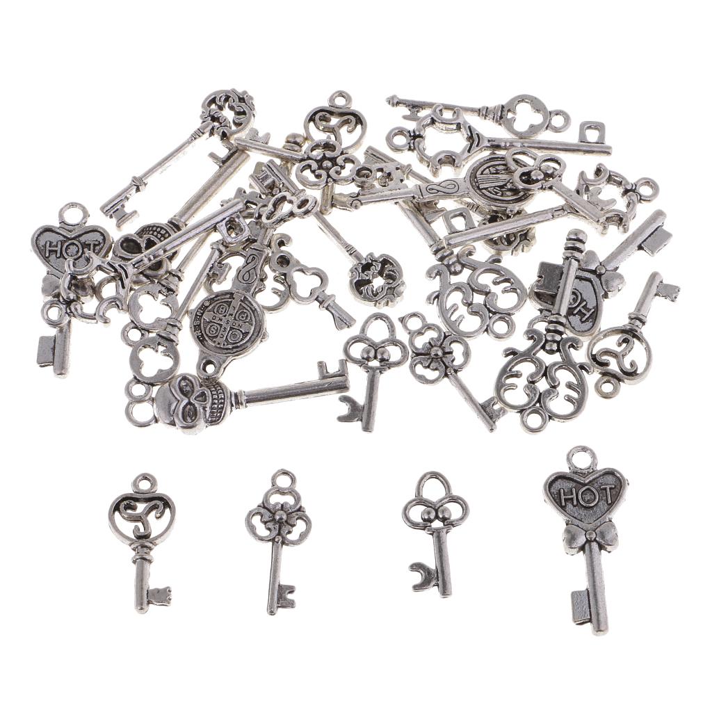 30x Bulk Assorted Antiqued Silver Key Charms for DIY Necklace Jewelry ...