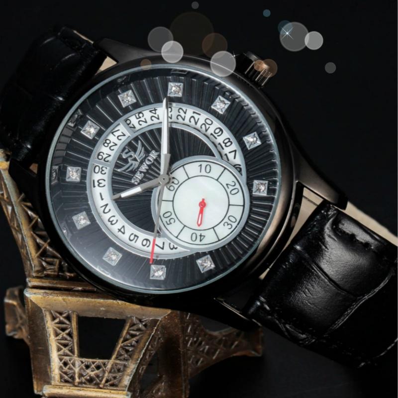 Buy Luxury Brand Mechanical Watches Men Black Leather Strap Rhinestone ...