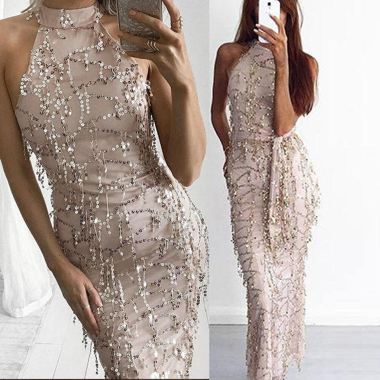Buy Sequins Solid Color Women's Fashion Patchwork Hang Neck Sundresses ...