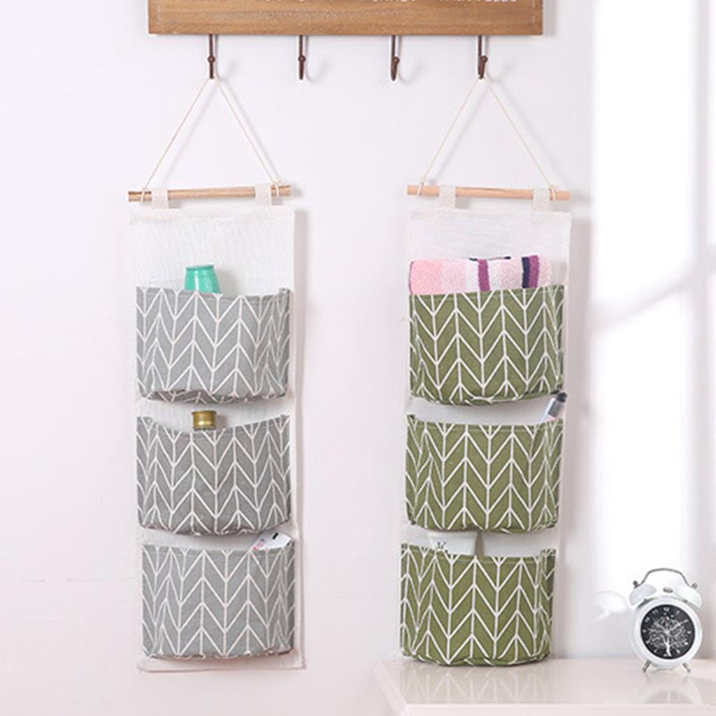 Buy SX Linen Cotton Fabric Hanging Storage Bag 3 Pockets Waterproof ...