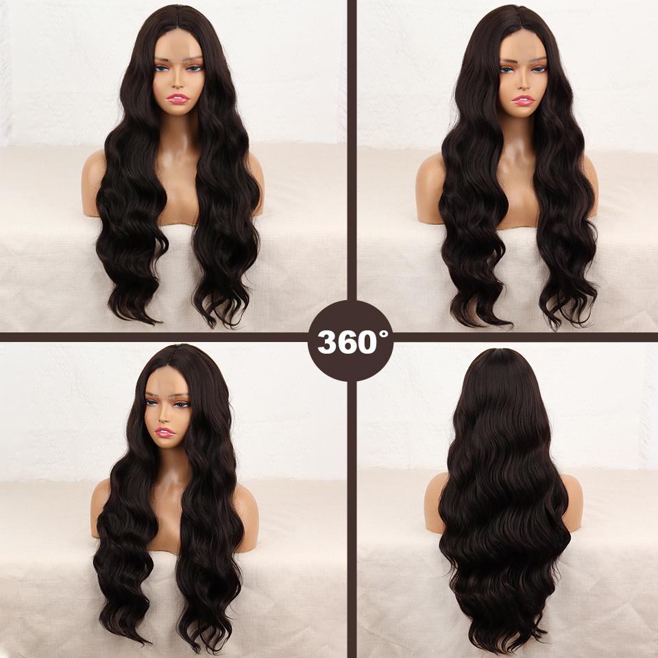 MISSQUEEN Black Water Wave Wig Without Bangs Lace Front Synthetic Fiber ...