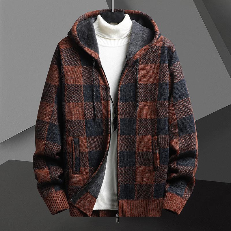 Buy Men's Hooded Sweater Coat Men's Plaid Print and Fleece Heavy Hooded ...