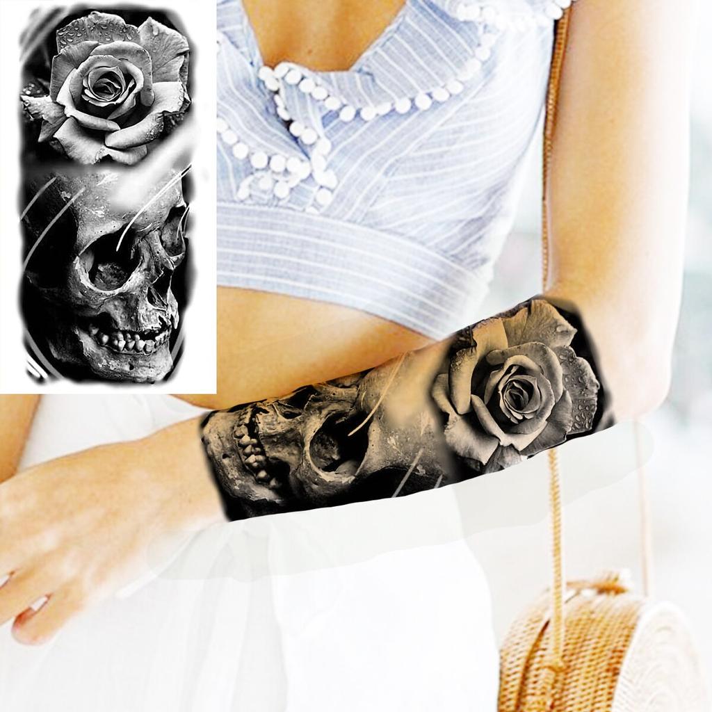 Black Scary Rose Flower Gangster Temporary Tattoos For Women Men Wolf Lion Pirate Skull Fake ...
