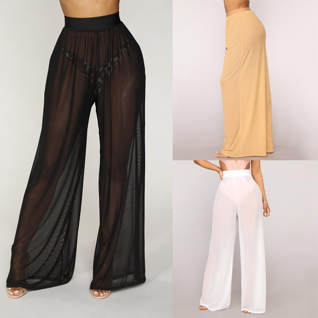 Satın alın Women's Solid Color Mesh Trousers Sexy Wide Leg Pants | Joom