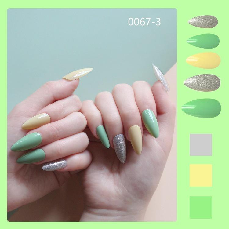 24 Pointed Almond Nail New Fake Nails Avocado Green Nail Art Silver ...