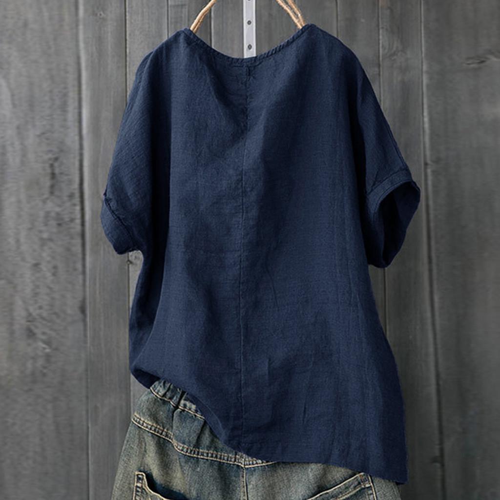 Women Plus Size Short Sleeve Cotton Linen O Neck Print Pullover Tops