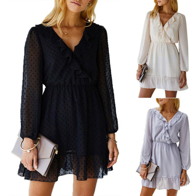 Buy Women Solid V Neck Lace Ruffle Mini Dress High Waist Slim Fit Long ...