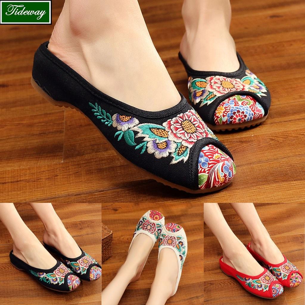 Buy Women Cloth Shoes Sandals National Embroidered Tendon Soles Flowers ...