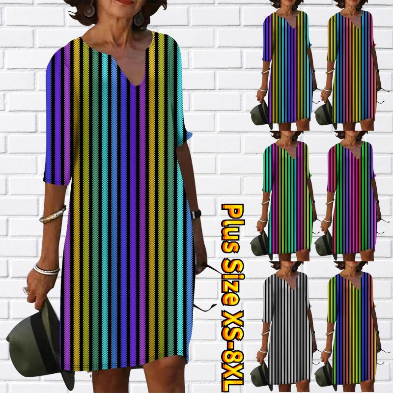 Buy Women Casual Loose Dress Half Sleeve Dark Vertical Bars Printed V ...