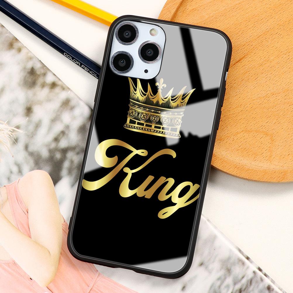 Cheap King And Queen Crown Couple Hard Tempered Glass Phone Case For ...