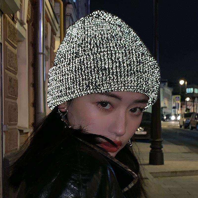 Buy Fashion Unisex Reflective Knitted Hat Fall Winter Crimping Ear ...