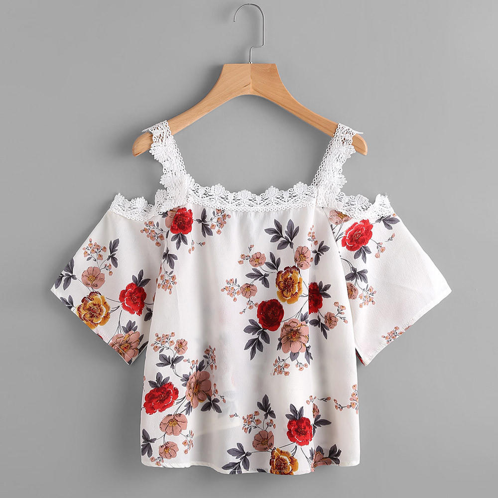 Buy Women Short Sleeve Off Shoulder Lace Floral Blouse Casual Tops T ...